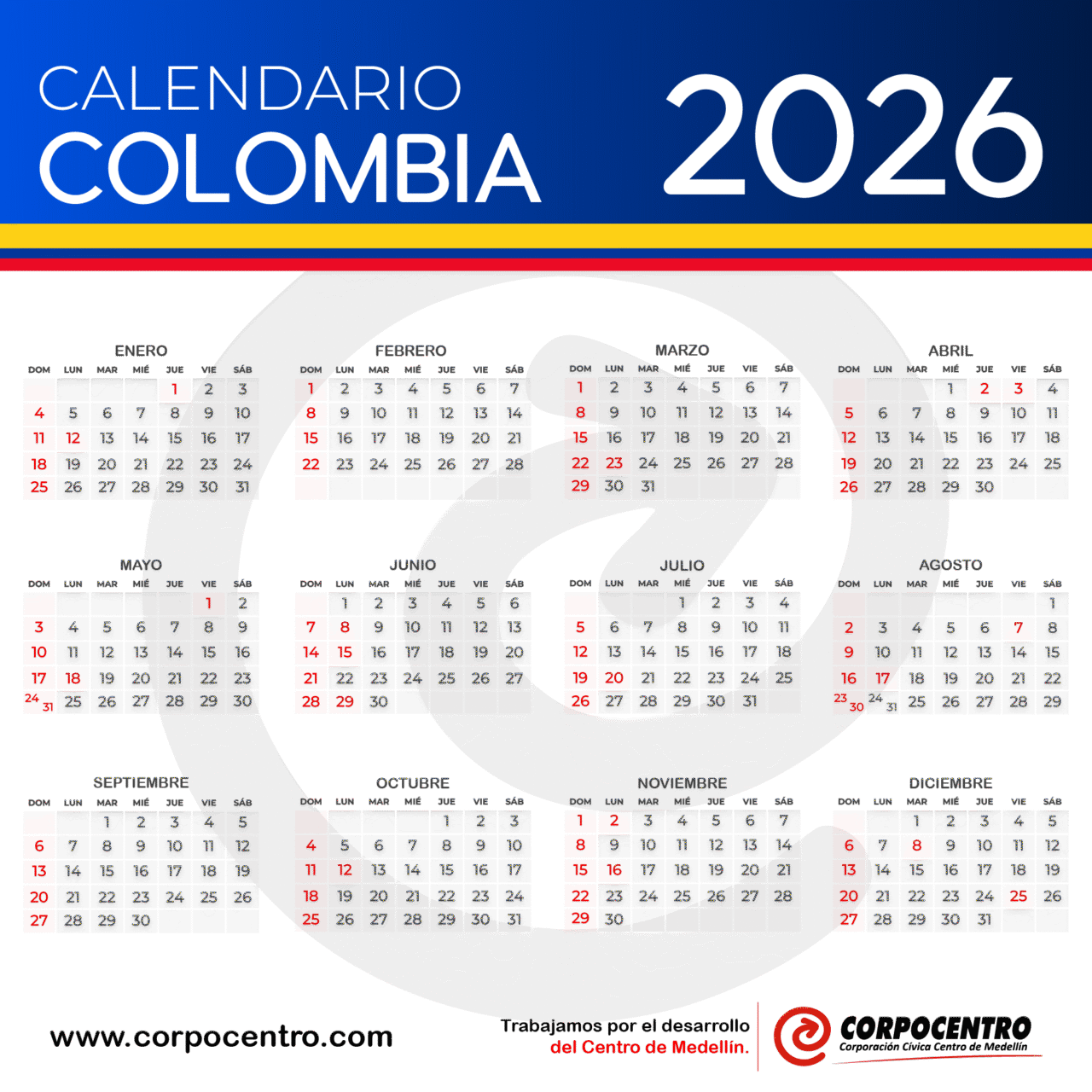 Calendario 2026 Colombia - Festivos y Puentes Feriados